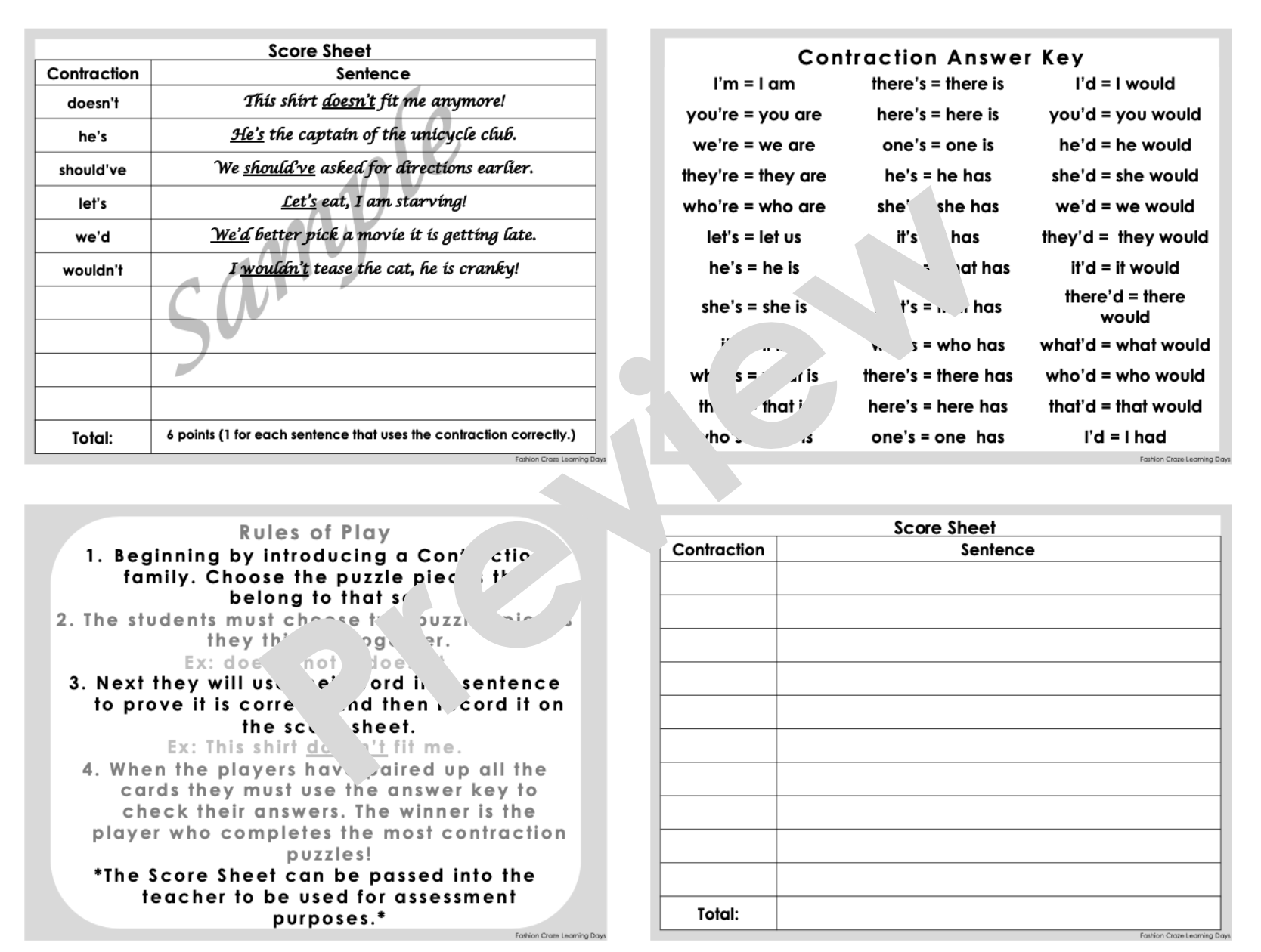 Contraction Puzzles with 88 Contractions Families | Made By Teachers