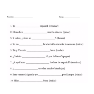 Spanish Espanol Verb Conjugation Ser Estar Hablar Gustar Tener AR, ER ...