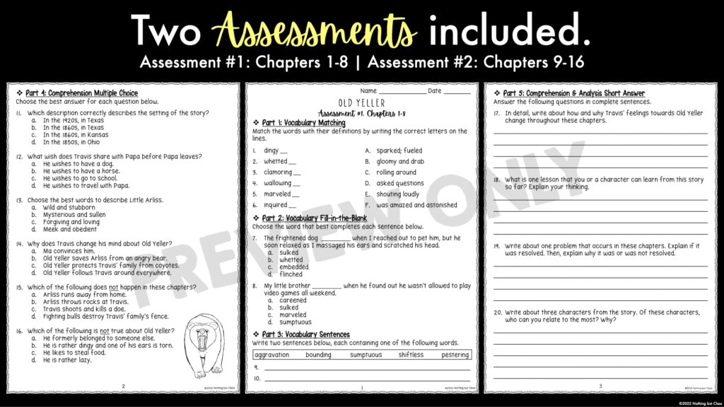 Old Yeller Novel Study Unit | Comprehension and Vocabulary with ...