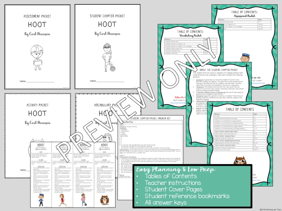 Hoot Novel Study Unit | Comprehension and Vocabulary with Activities ...