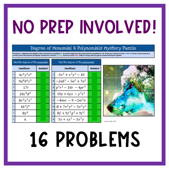 Degree of a Polynomial and Monomial Activity Digital Pixel Art Mystery ...