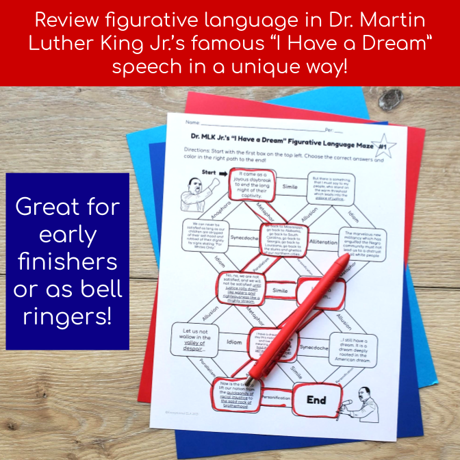 Dr. MLK Jr.'s I Have a Dream Speech Figurative Language Mazes: Great ...