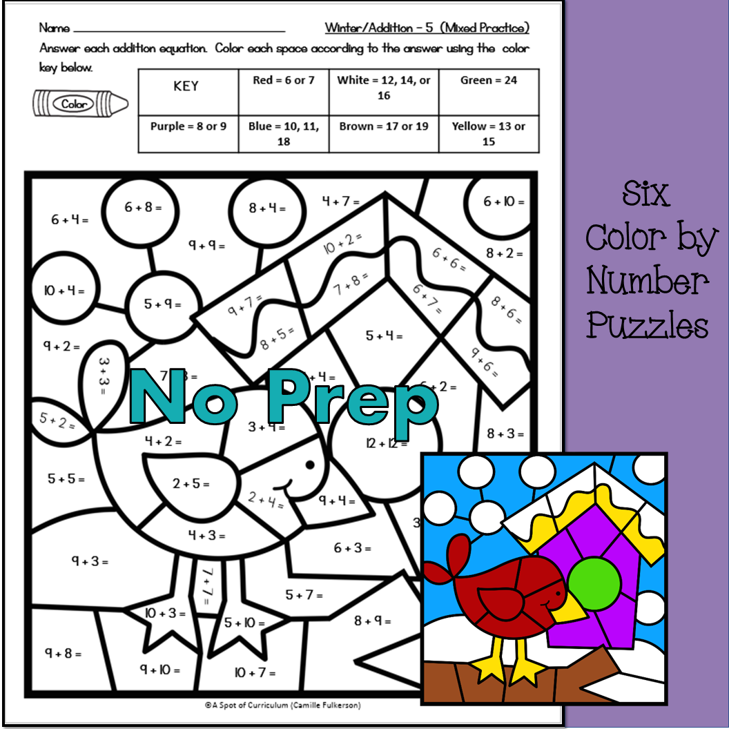 Winter Color by Number - Addition Coloring Pages | Made By Teachers