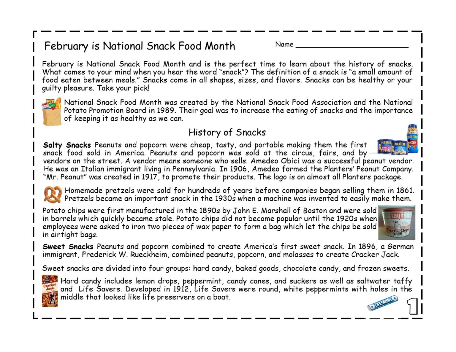 February is National Snack Food Month Reading Comprehension Passage ...