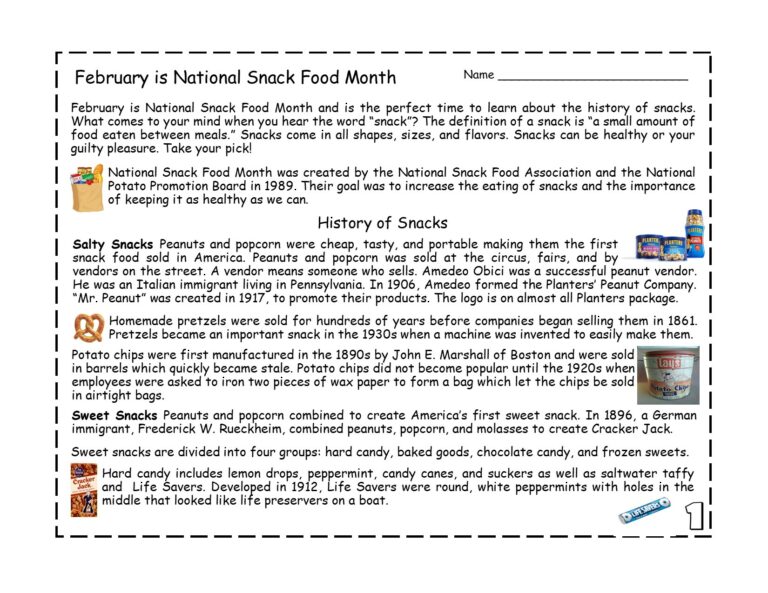 February is National Snack Food Month Reading Comprehension Passage ...