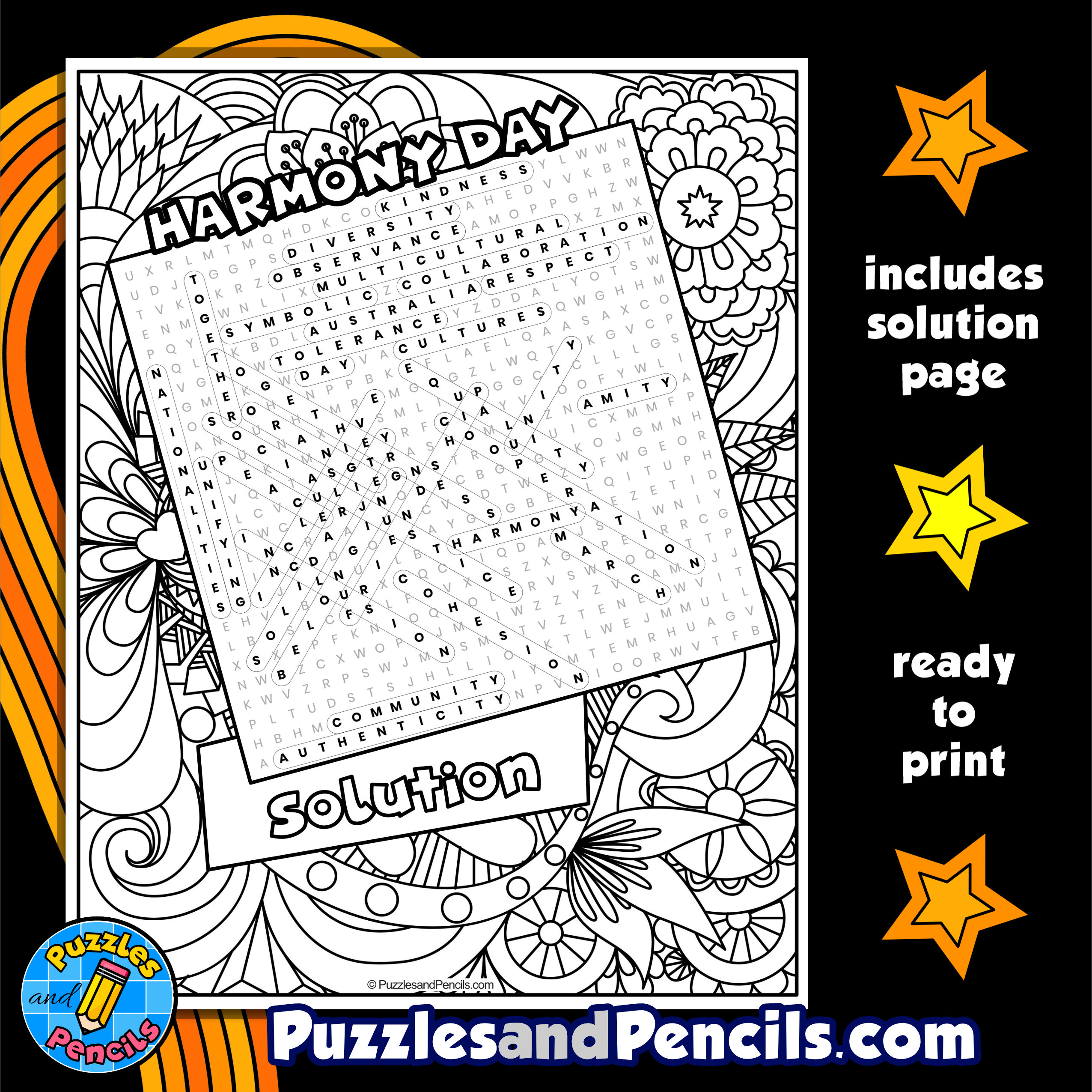 Harmony Day Word Search Puzzle | Holidays Around the Wordsearch | Made ...