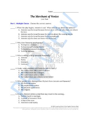 The Merchant of Venice Bundle of Quizzes, Close Readings and a Test ...