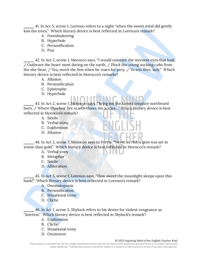 The Merchant of Venice Bundle of Quizzes, Close Readings and a Test ...