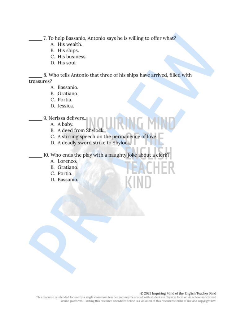 The Merchant of Venice Bundle of Quizzes, Close Readings and a Test ...