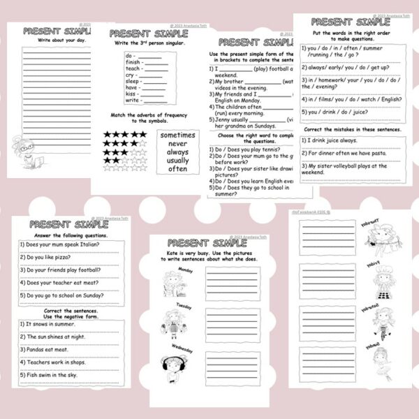 PRESENT SIMPLE worksheets ESL EFL English printable grammar activities ...