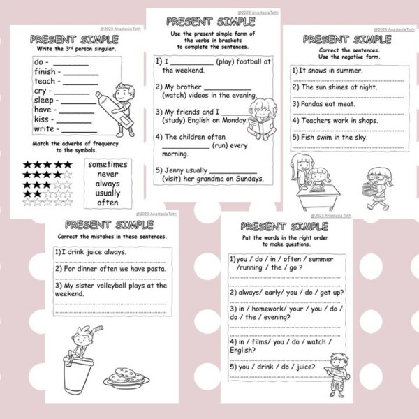 PRESENT SIMPLE worksheets ESL EFL English printable grammar activities ...