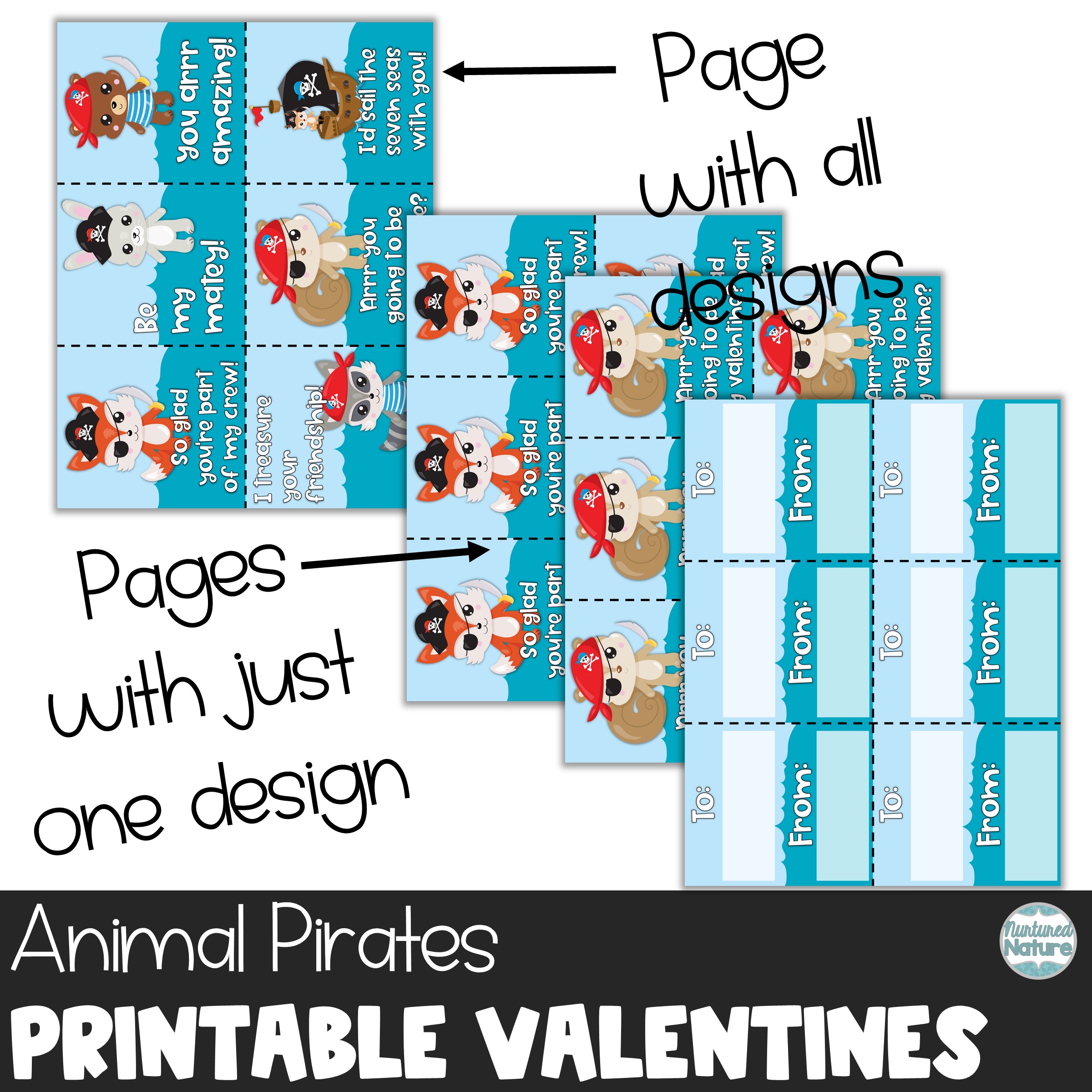 Animal Pirates Printable Valentine’s Day Cards for Students Class ...