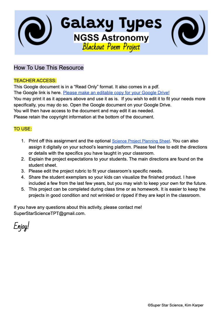 Galaxy Types Blackout Poem Project NGSS Astronomy Activity Get Creative ...