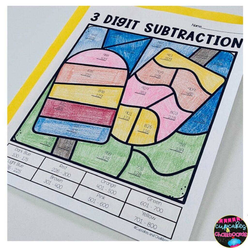 3 Digit Addition and Subtraction Color by Number Summer Coloring Pages ...