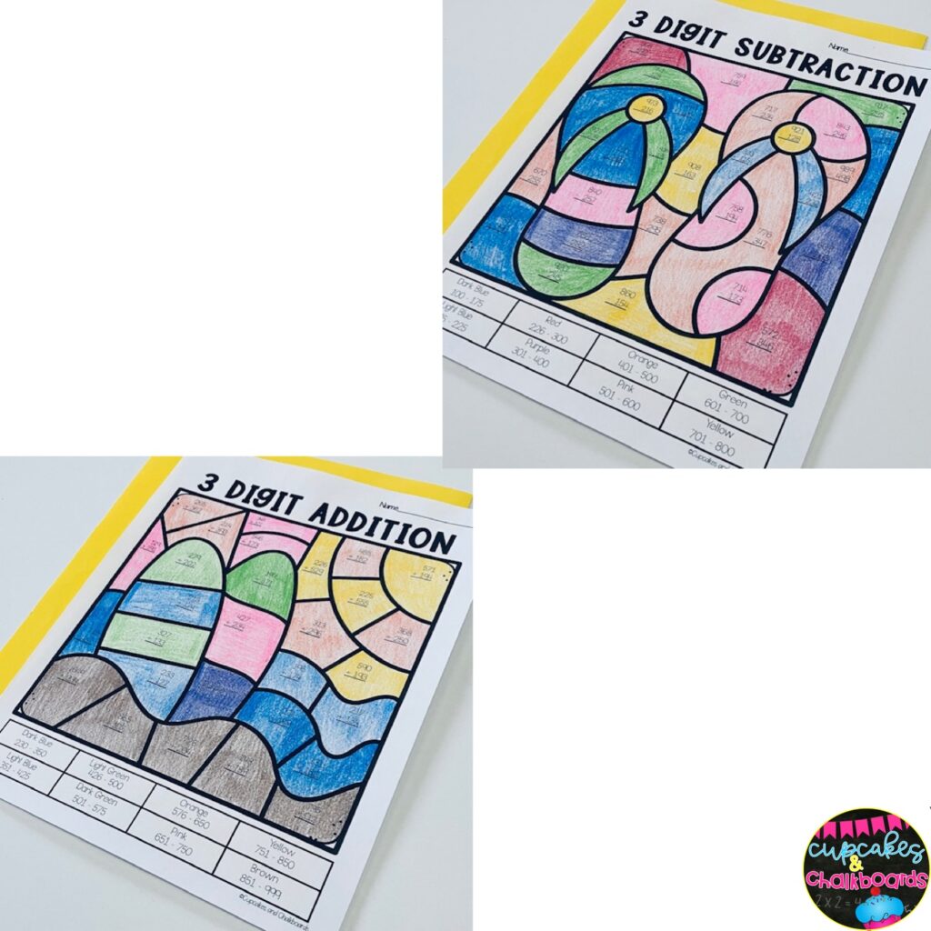 3 Digit Addition and Subtraction Color by Number Summer Coloring Pages ...