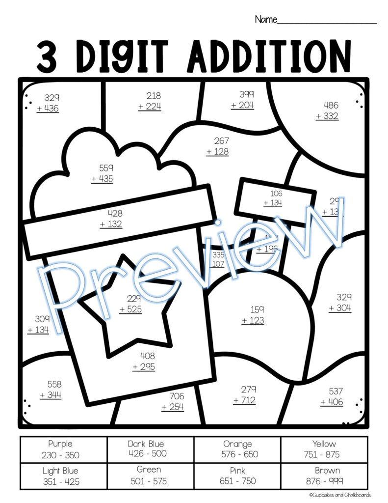 3 Digit Addition and Subtraction Color by Number Summer Coloring Pages ...
