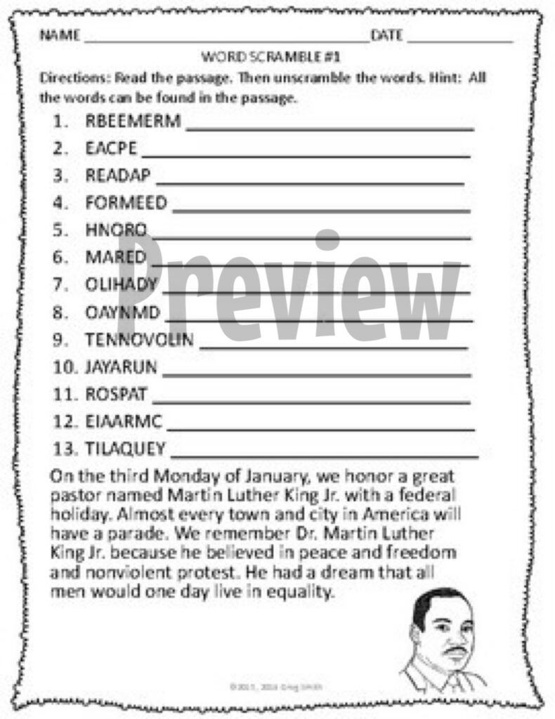 Martin Luther King Jr Word Scramble with Informational Text | Made By ...