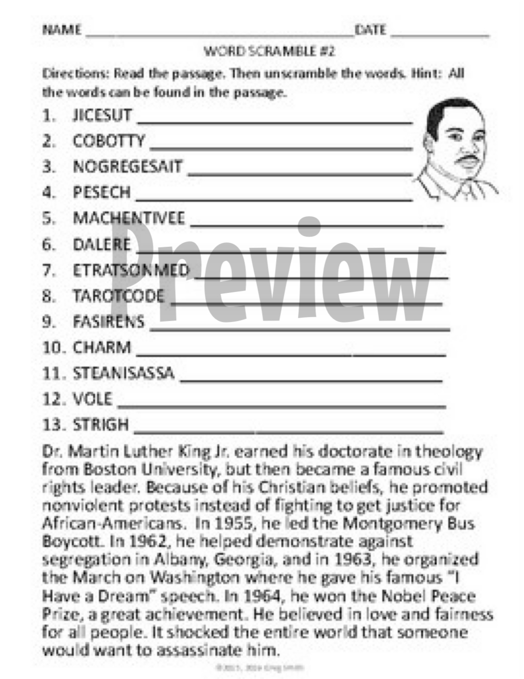 Martin Luther King Jr Word Scramble with Informational Text | Made By ...