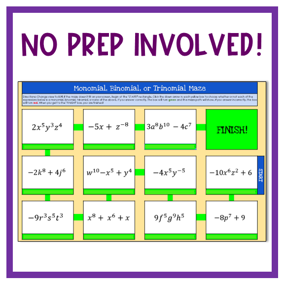 Polynomials Monomial Binomial Trinomial Activity Digital Maze | Made By ...