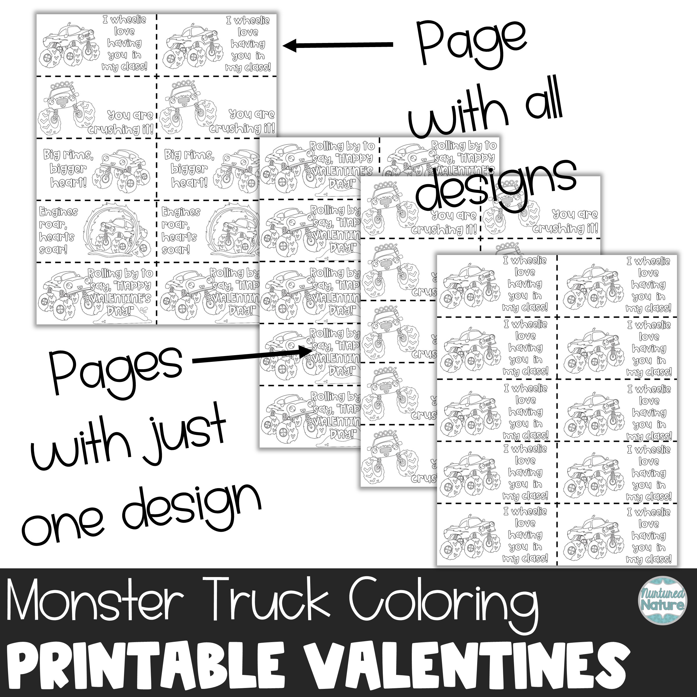 Monster Truck Coloring Valentine’s Day Cards for Students | Made By ...