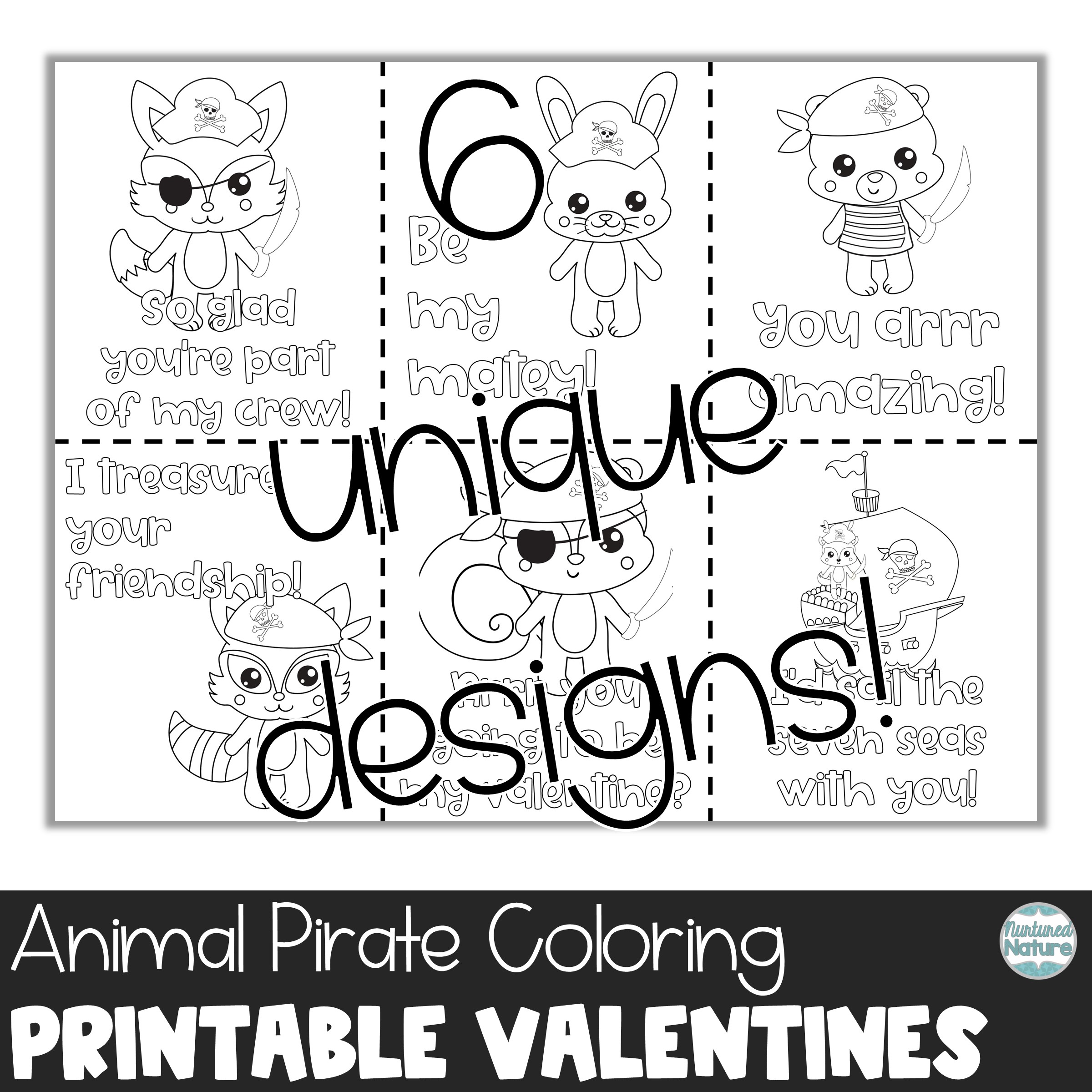 Animal Pirates Coloring Valentine’s Day Cards for Students | Made By ...