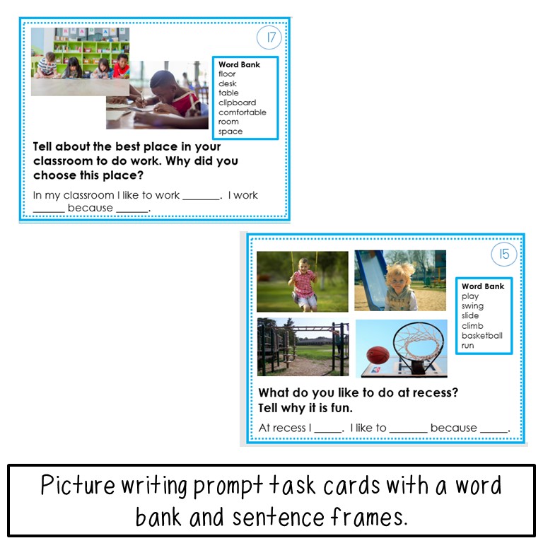 School Picture Writing Prompt Task Cards | Sentence Writing | Made By ...