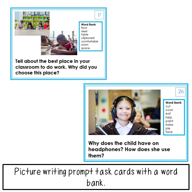 School Picture Writing Prompt Task Cards | Sentence Writing | Made By ...
