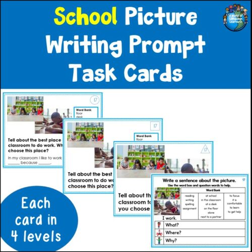 School Picture Writing Prompt Task Cards | Sentence Writing | Made By ...