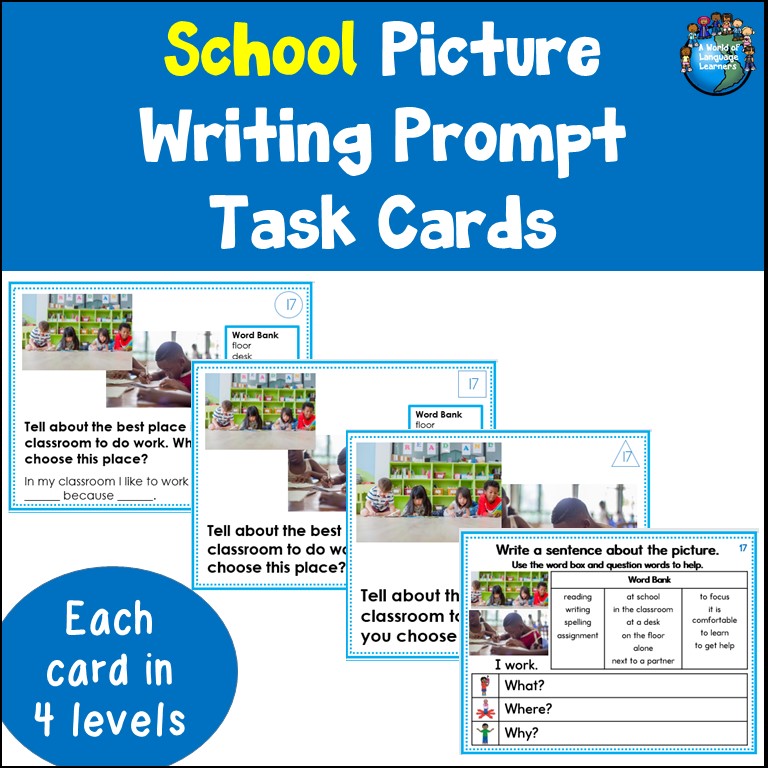 School Picture Writing Prompt Task Cards | Sentence Writing | Made By ...