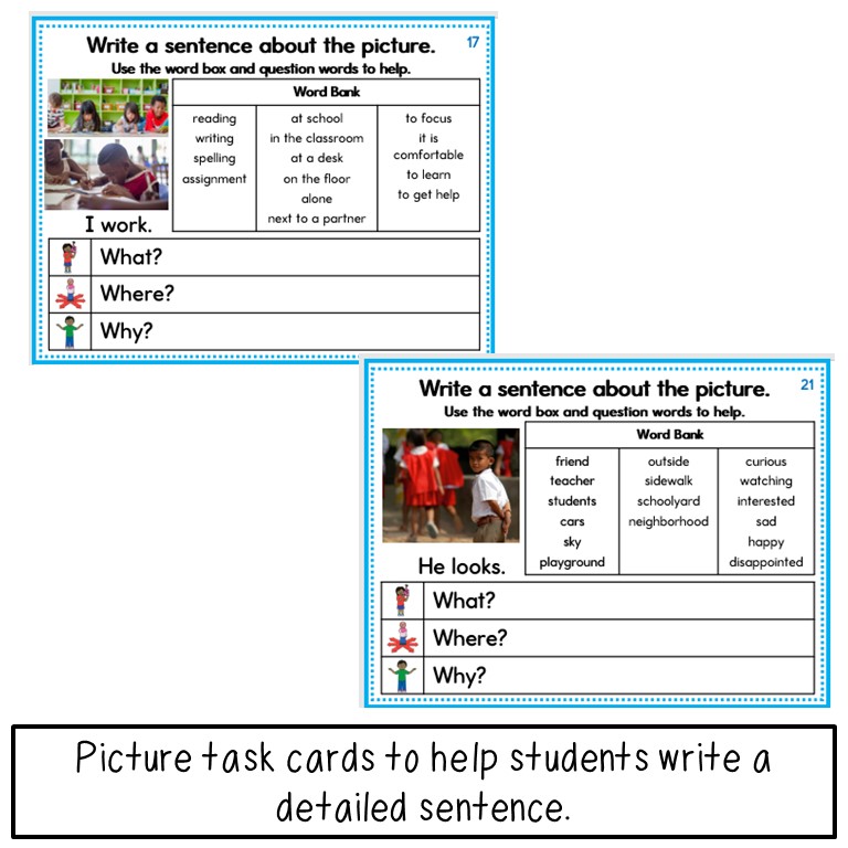 School Picture Writing Prompt Task Cards | Sentence Writing | Made By ...