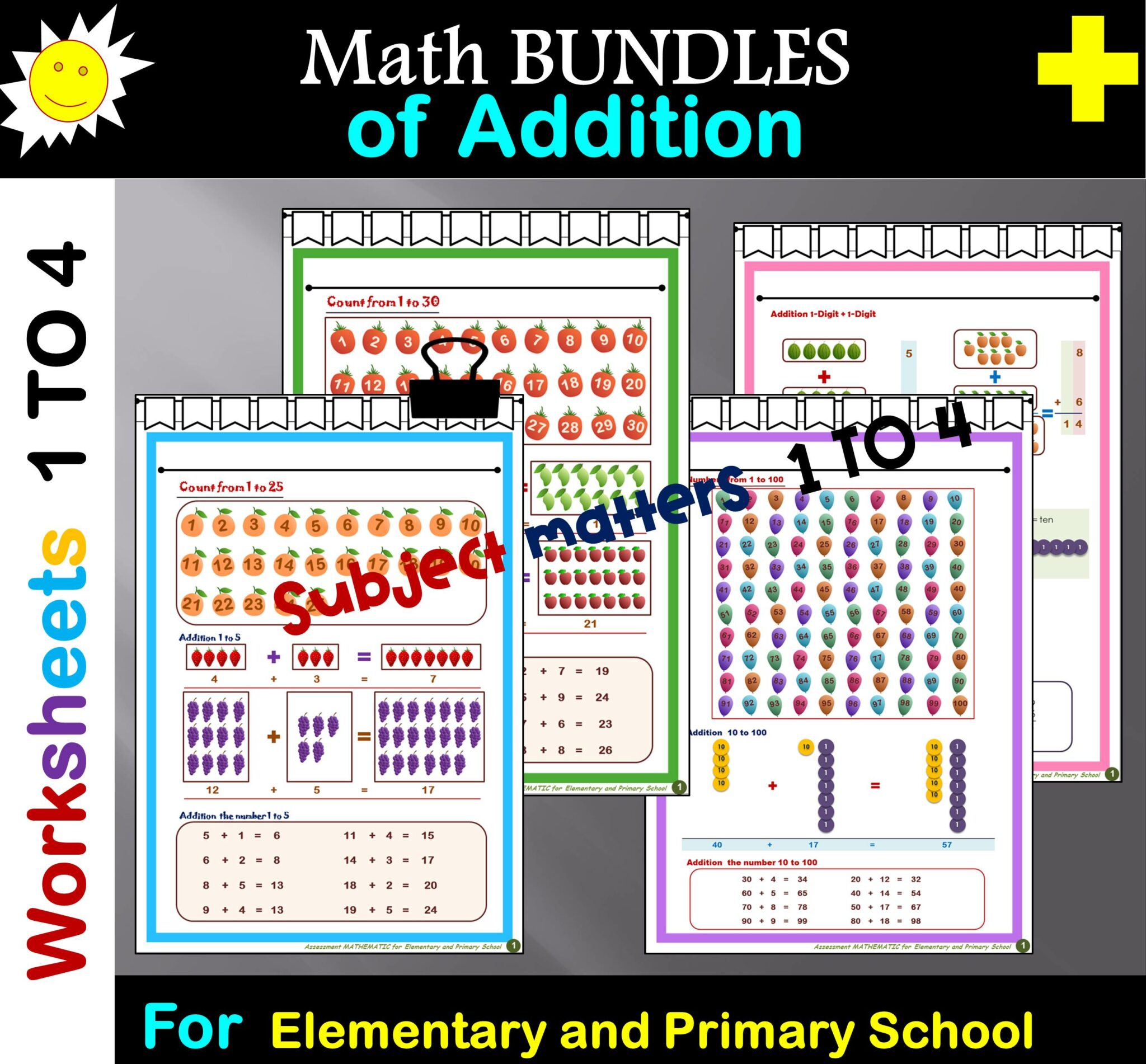 Math Addition Part 1 to 4 BUNDLES – Math Addition Worksheets – Addition ...