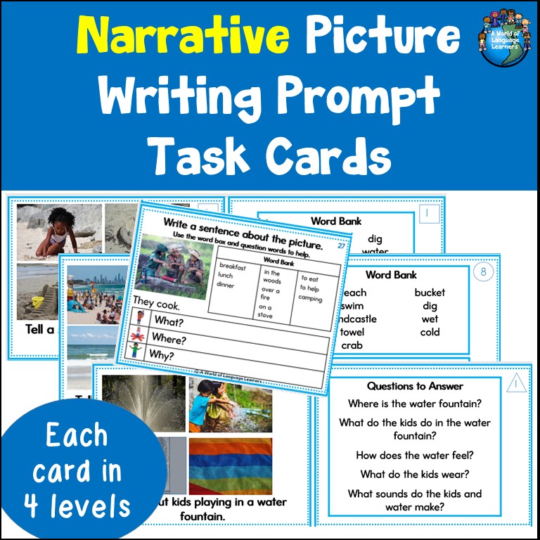 Narrative Picture Prompt Writing Task Cards | Sentence Writing | Made ...