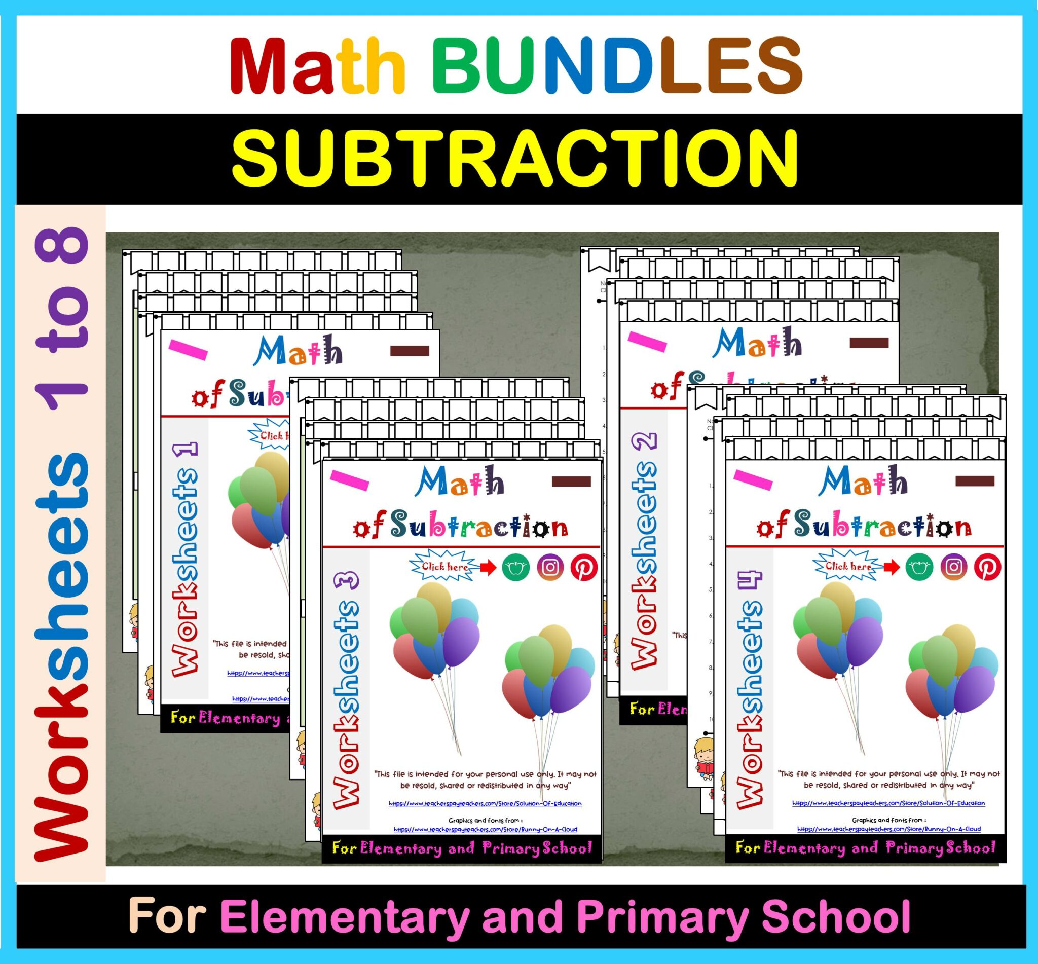 Math Subtraction Part 1 to 8 BUNDLES – Math Subtraction Worksheets ...