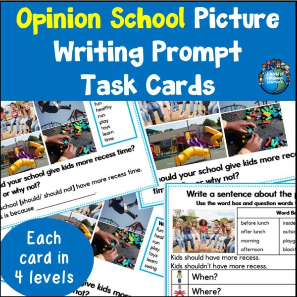 School Opinion Picture Writing Prompt Task Cards | Sentence Writing ...
