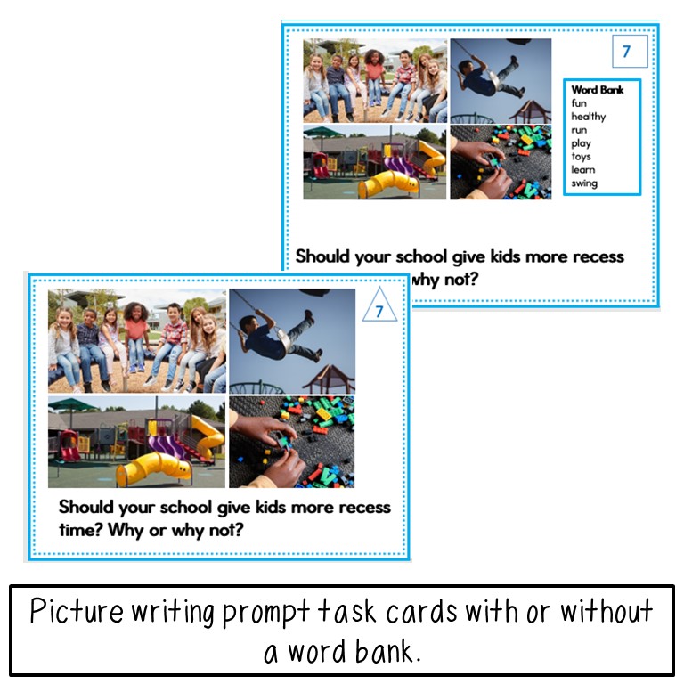 School Opinion Picture Writing Prompt Task Cards | Sentence Writing ...