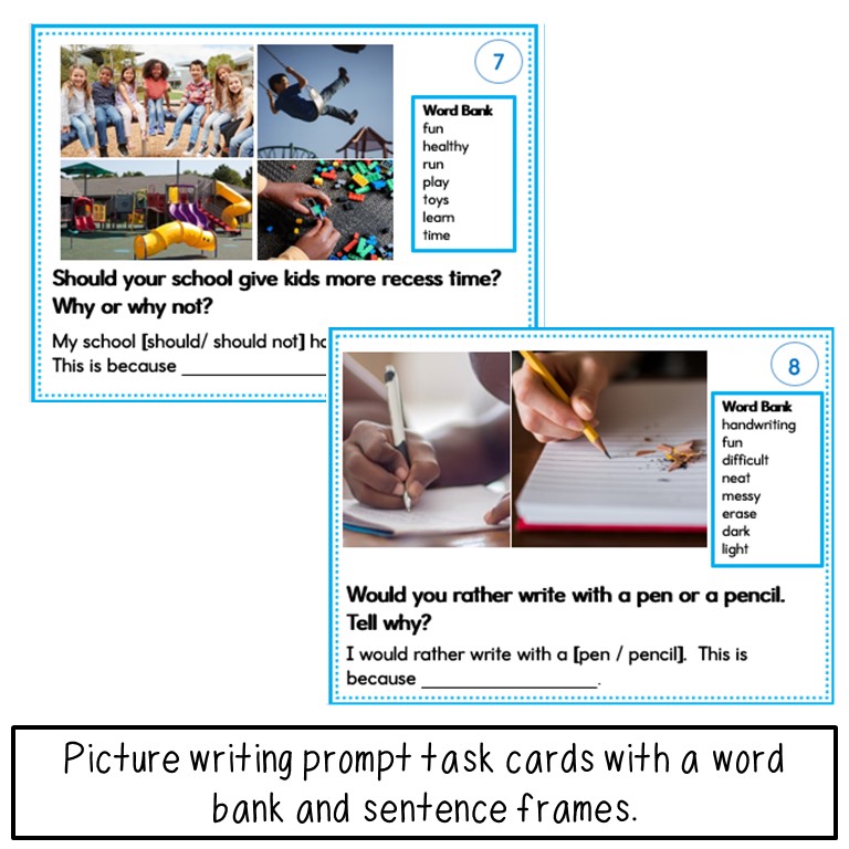 School Opinion Picture Writing Prompt Task Cards | Sentence Writing ...