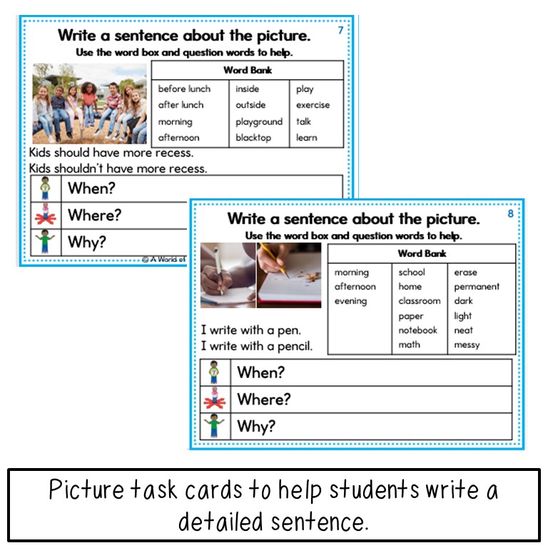 School Opinion Picture Writing Prompt Task Cards | Sentence Writing ...
