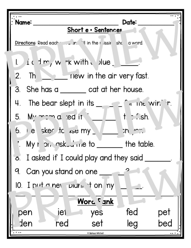 CVC Short e Words Phonics Worksheets | Made By Teachers