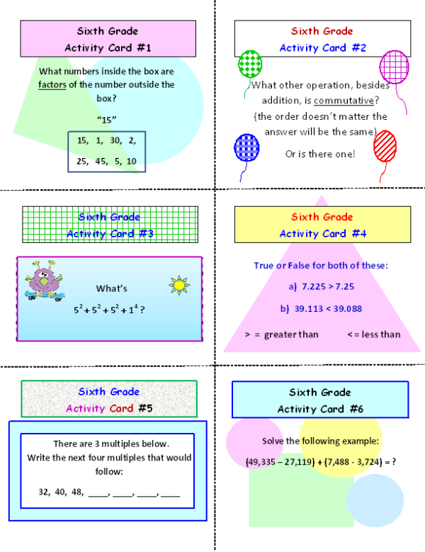 Sixth Grade Activity Cards WITH Lesson Plan (30 Cards with Lesson ...