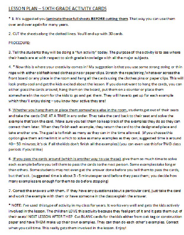 Sixth Grade Activity Cards WITH Lesson Plan (30 Cards with Lesson ...