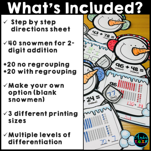 Winter Math 2 Digit Addition Craft | Snowman with and without ...