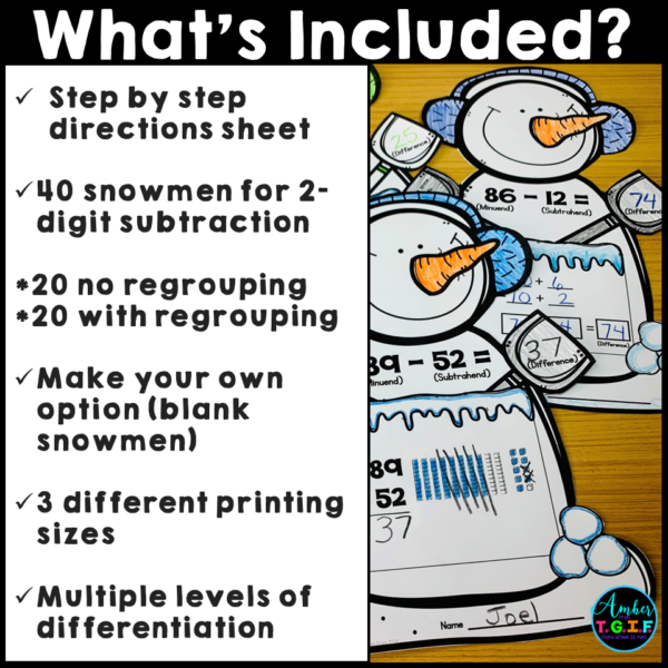 Winter Math 2 Digit Subtraction Craft | Snowman with and without ...