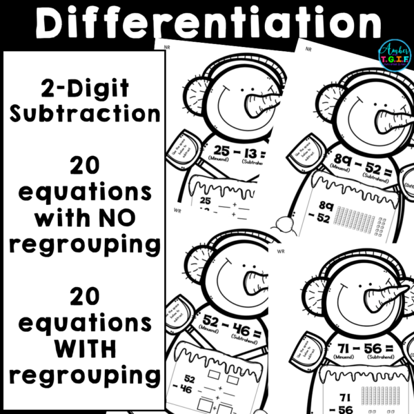 Winter Math 2 Digit Subtraction Craft | Snowman with and without ...