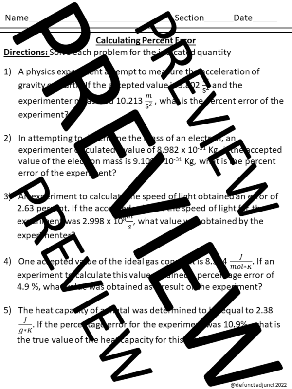 Calculating Percent Error: A Chemistry, Physics, or Math Worksheet ...