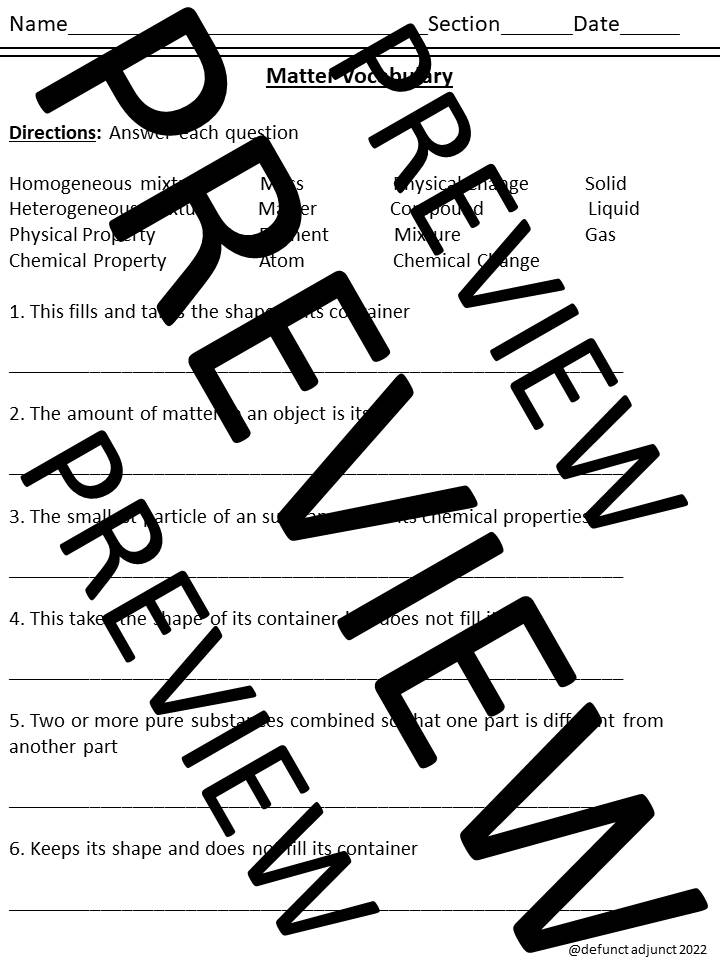 Matter, Pure Substances, and Mixtures Vocab Worksheet with Google Form ...