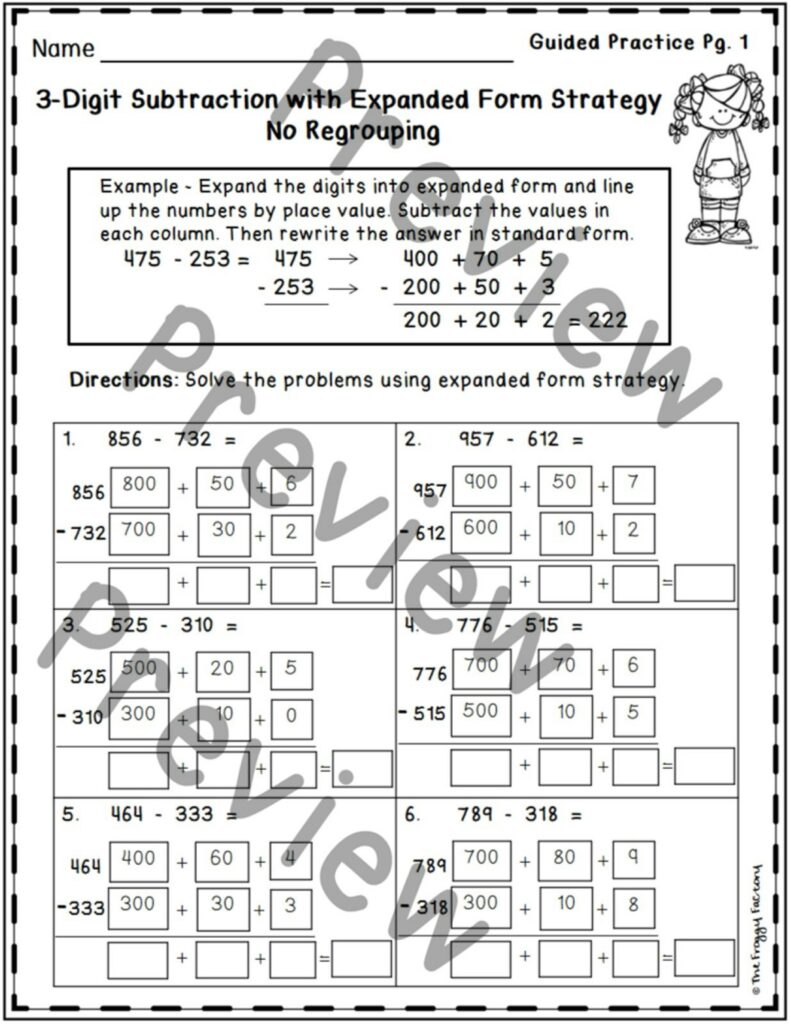 3 Digit Subtraction Expanded Form Strategy Worksheets | Subtraction ...