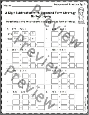 3 Digit Subtraction Expanded Form Strategy Worksheets | Subtraction ...