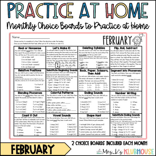 February Practice at Home Choice Boards for Kindergarten- Learn at Home ...