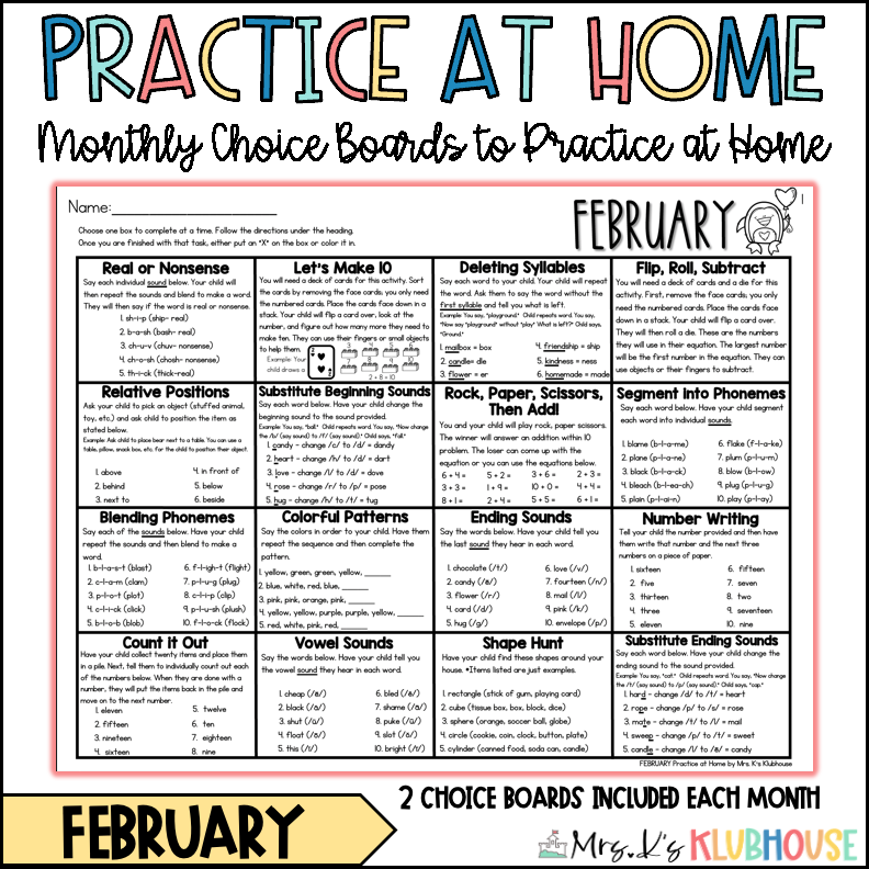 February Practice at Home Choice Boards for Kindergarten- Learn at Home ...