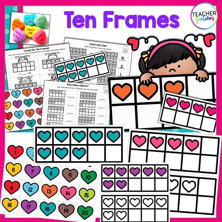 Valentine's Day Ten Frames-20 Cards plus Worksheets | Made By Teachers